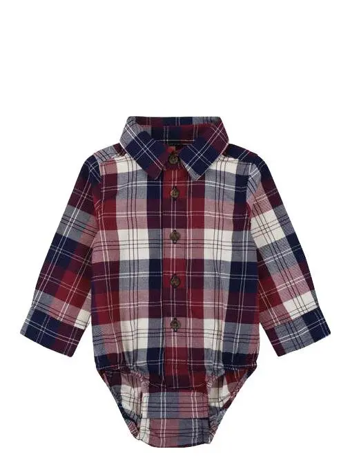 HOPE & HENRY Organic Cotton Long Sleeve Button Down Bodysuit - Berry Tartan