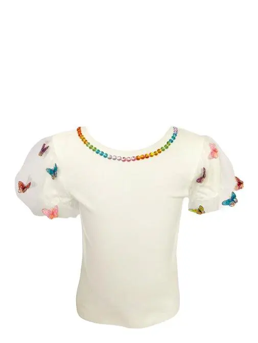 LOLA + THE BOYS 3-d Rainbow Butterflies Puff-sleeve T-shirt - White