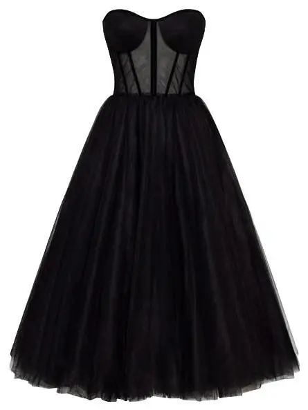 MILLA Strapless Puffy Midi Tulle Dress - Black