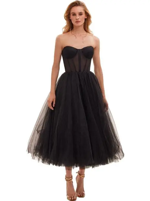 MILLA Strapless Puffy Midi Tulle Dress - Black