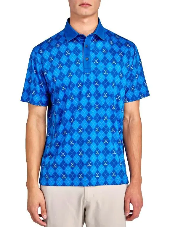 CON.STRUCT Regular Fit Golf Club Argyle Print Recycled Performance Golf Polo - Blue