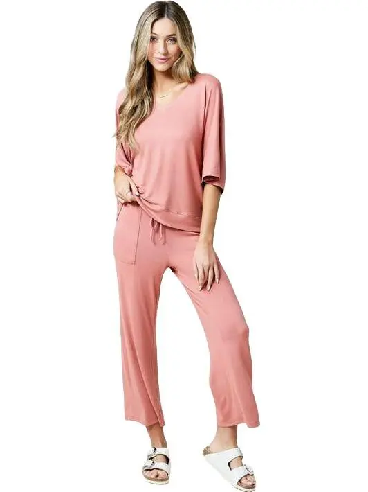 SOFTIES Dream Jersey Relaxed V-neck Capri Lounge Set - Copper Rose