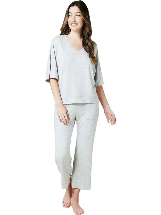 SOFTIES Dream Jersey Relaxed V-neck Capri Lounge Set - Heather Grey