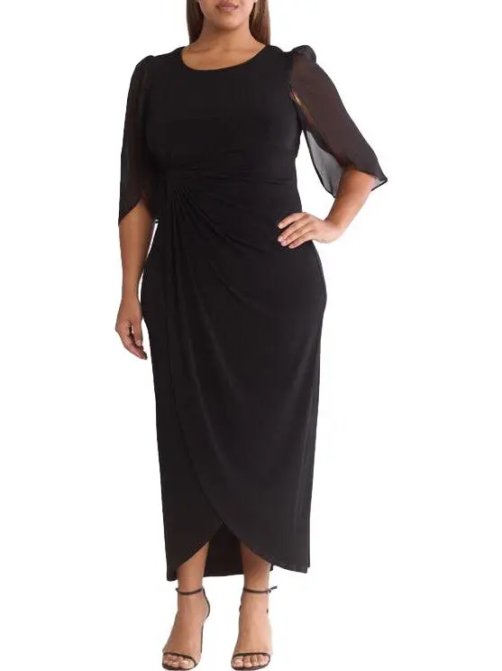 CONNECTED APPAREL Cape Sleeve Faux Wrap Dress - Black