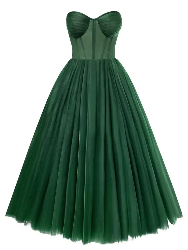 MILLA Strapless Puffy Midi Tulle Dress - Emerald Green