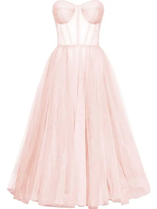 MILLA Strapless Puffy Midi Tulle Dress - Misty Rose