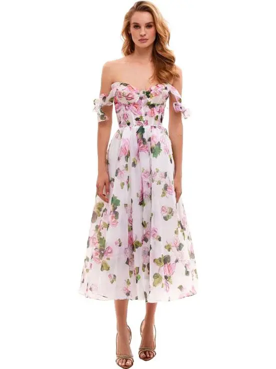 MILLA Floral Organza A-line Midi Dress With Tie Straps - Apple Blossom
