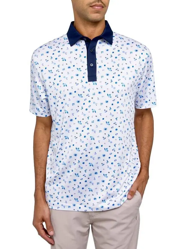 CON.STRUCT Regular Fit Floral Print Recycled Performance Golf Polo - White/blue