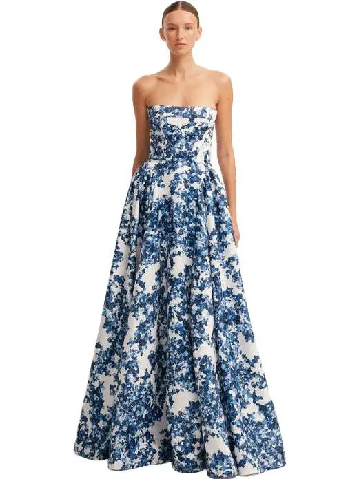 MILLA Floral Strapless Maxi Gown With Corset Bodice - Blue