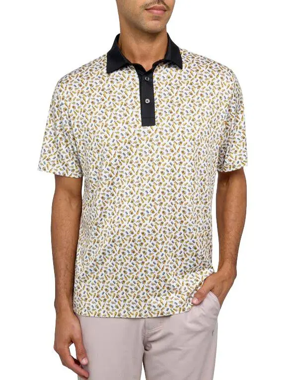 CON.STRUCT Regular Fit Micro Beers Print Recycled Performance Golf Polo - White/yellow