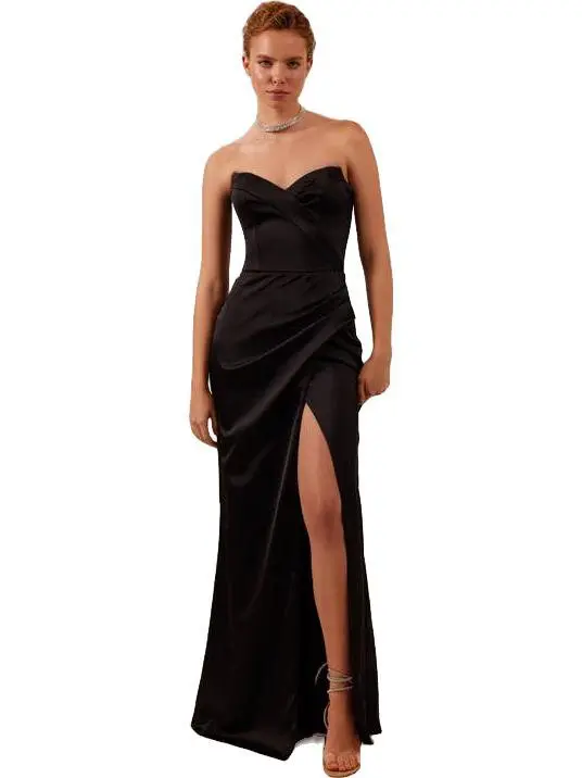 MILLA Strapless Mermaid Gown With Thigh Slit - Black