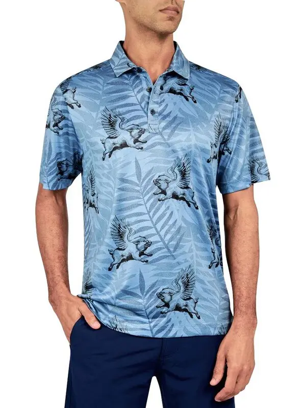 CON.STRUCT Regular Fit Flying Pigs Print Recycled Performance Golf Polo - Blue
