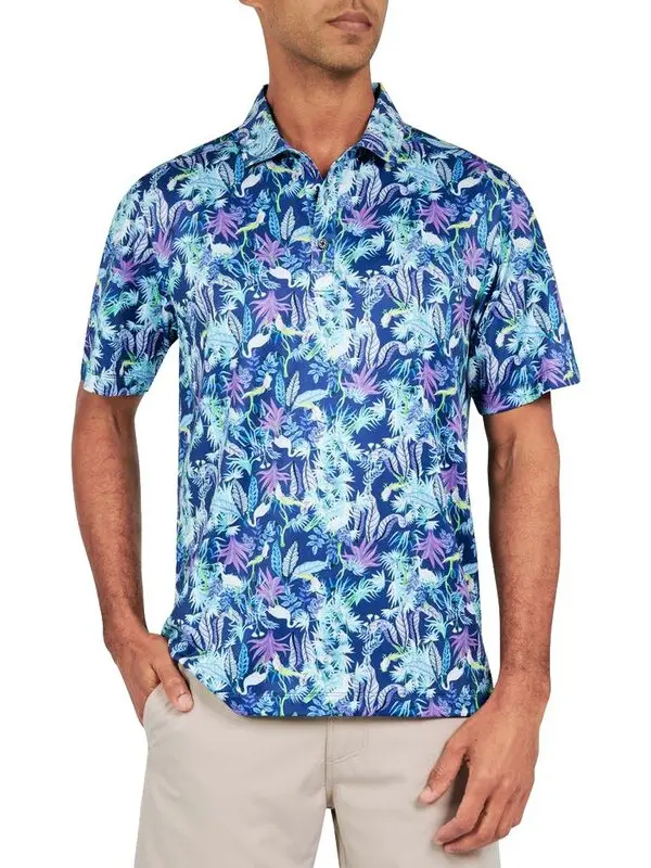 CON.STRUCT Regular Fit Exotic Bird Print Recycled Performance Golf Polo - Blue