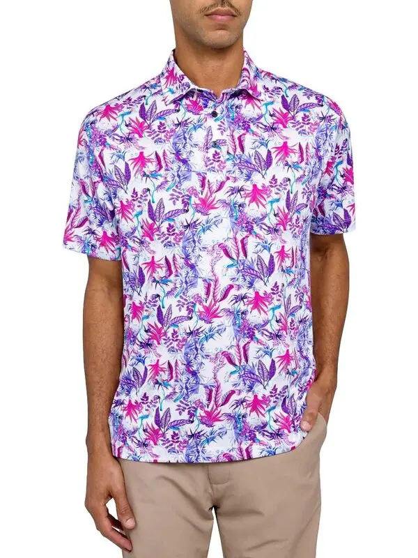CON.STRUCT Regular Fit Exotic Bird Print Recycled Performance Golf Polo - White/purple