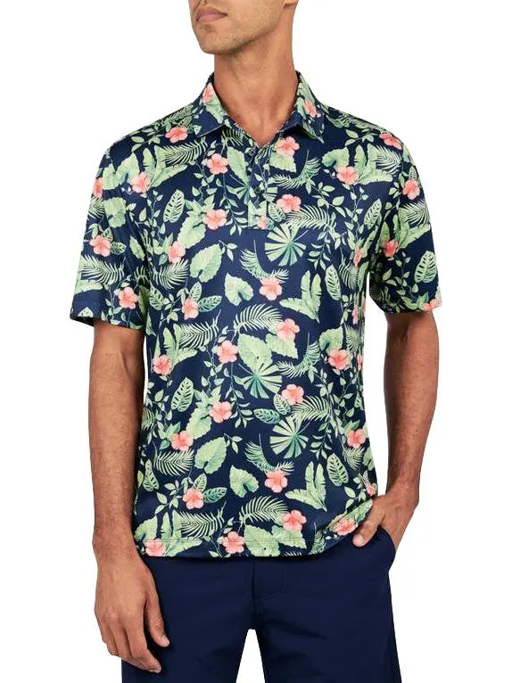 CON.STRUCT Tropical Leaf Print Performance Golf Polo - Green