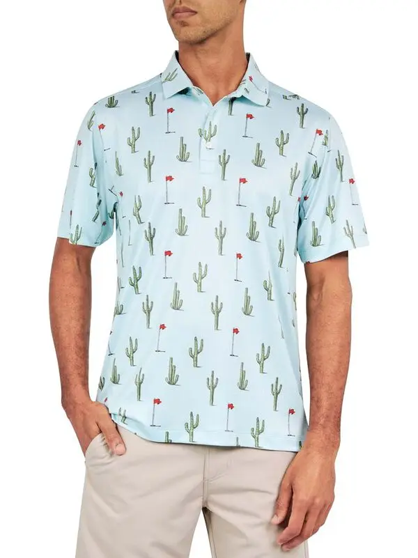 CON.STRUCT Regular Fit Cactus Print Recycled Performance Golf Polo - Aqua
