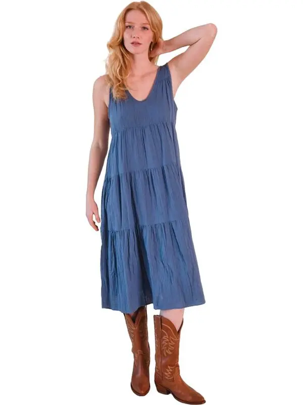 POPLINEN Teresa Tiered Tank Dress - Ocean