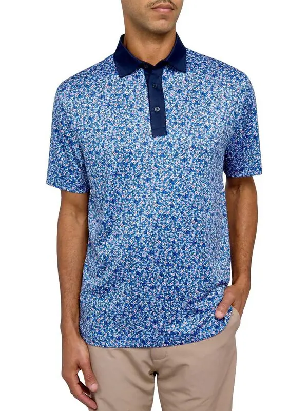 CON.STRUCT Regular Fit Micro Floral Print Recycled Performance Golf Polo - White/blue