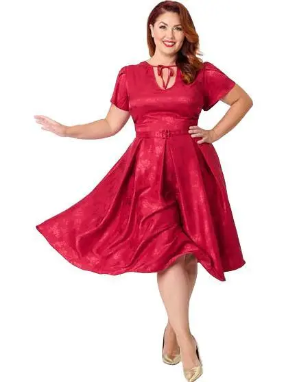Unique Vintage Swing Dress With Tie Neck And Petal Sleeves - Burgundy Floral Print