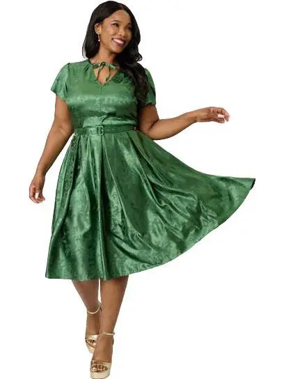 Unique Vintage Swing Dress With Tie Neck And Petal Sleeves - Emerald