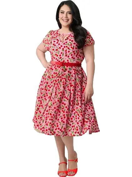 Unique Vintage Swing Dress With Tie Neck And Petal Sleeves - Pink W/cherries