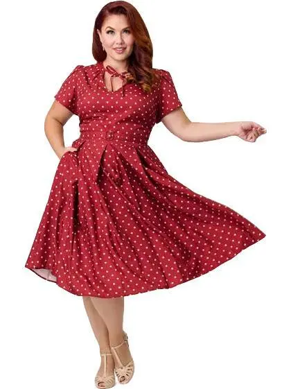 Unique Vintage Swing Dress With Tie Neck And Petal Sleeves - Red & Ivory Dot