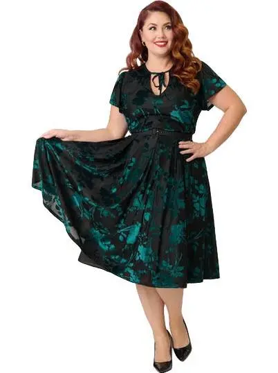 Unique Vintage Swing Dress With Tie Neck And Petal Sleeves - Teal