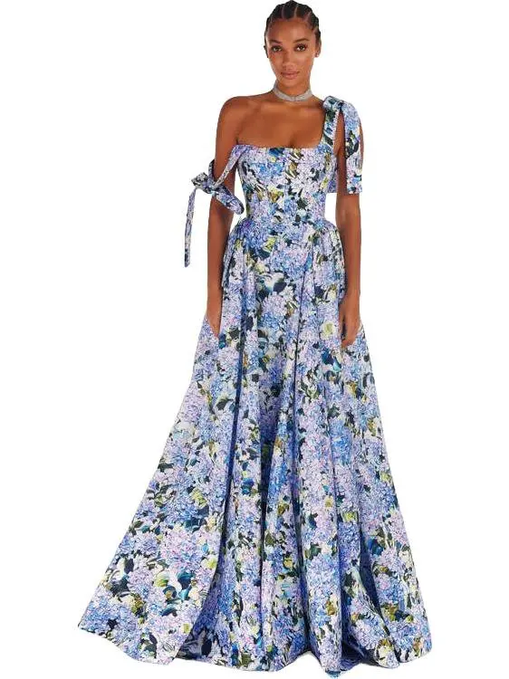 MILLA A-line Corset Floral Taffeta Maxi Gown - Blue Hydrangea