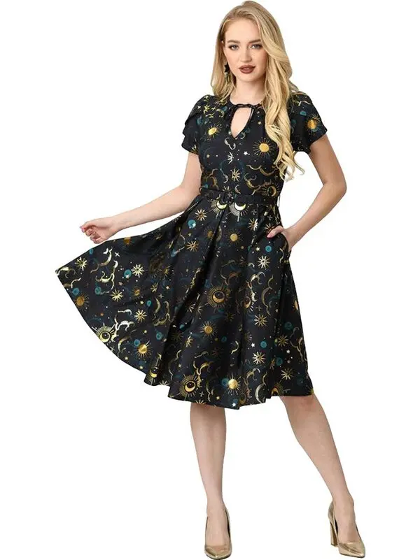 Unique Vintage Short Petal Sleeve Tie Neck Swing Dress - Black & Gold Galaxy