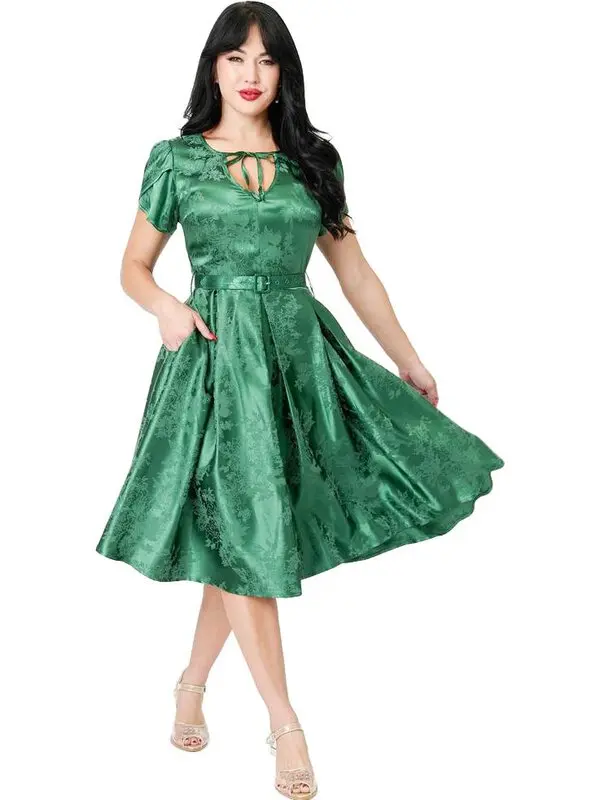 Unique Vintage Short Petal Sleeve Tie Neck Swing Dress - Emerald