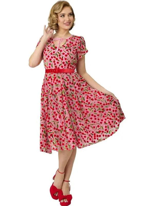 Unique Vintage Short Petal Sleeve Tie Neck Swing Dress - Pink W/cherries