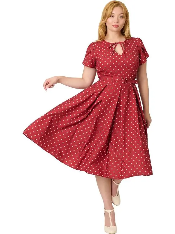 Unique Vintage Short Petal Sleeve Tie Neck Swing Dress - Red & Ivory Dot