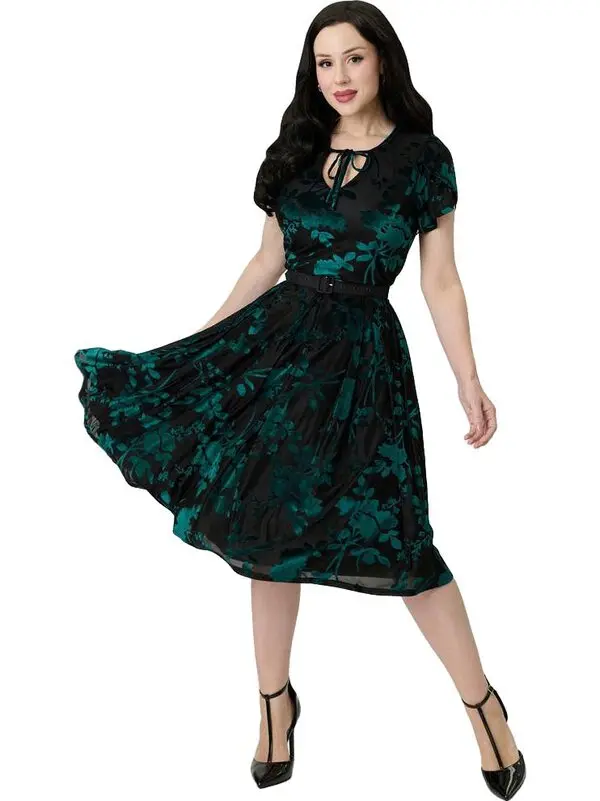 Unique Vintage Short Petal Sleeve Tie Neck Swing Dress - Teal