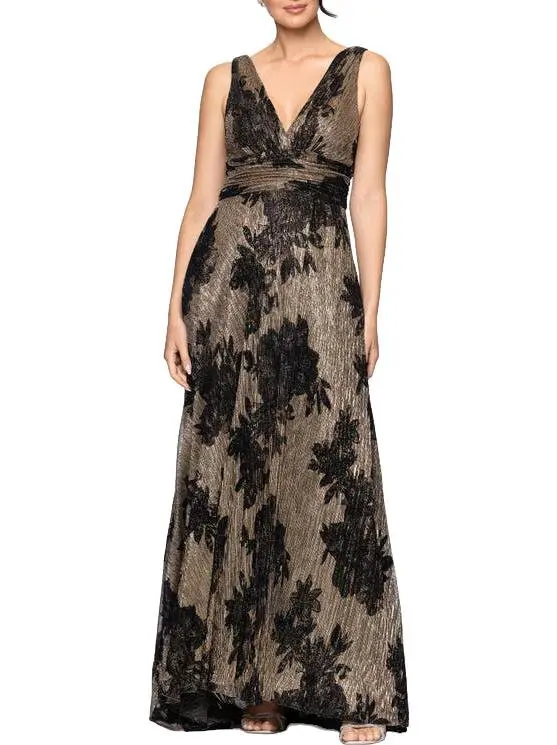 Betsy & Adam Flock Floral Metallic Crinkle Gown - Black/gold