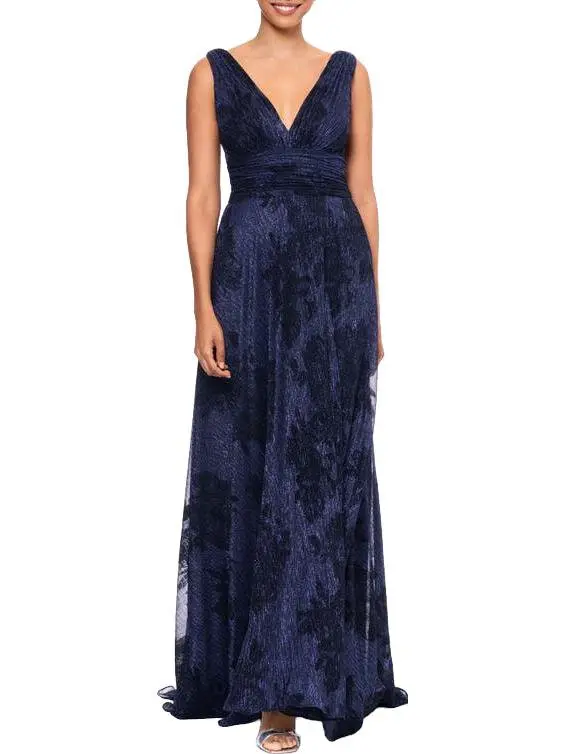 Betsy & Adam Flock Floral Metallic Crinkle Gown - Navy/ Black