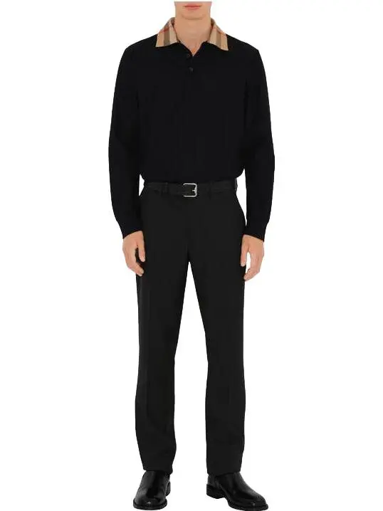 Burberry Long-sleeve Check Collar Cotton Polo Shirt - Black