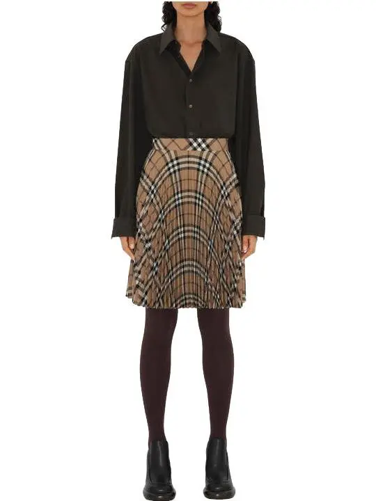 Burberry Pleated Check Wool Blend Skirt - Linden