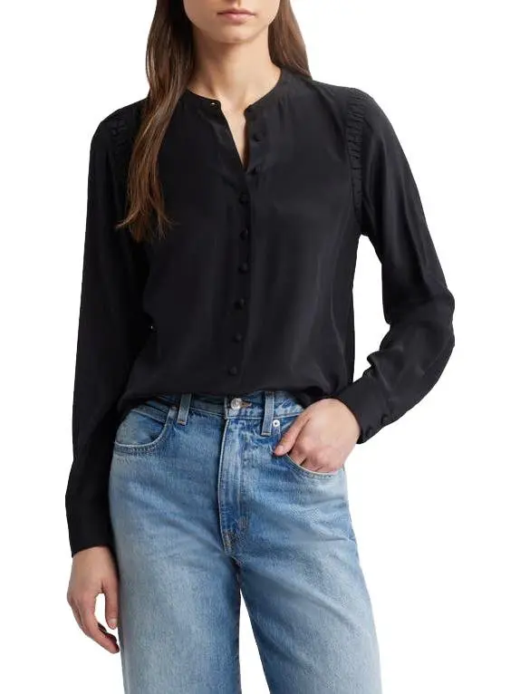 FRAME Band Collar Silk Button-up Shirt - Black