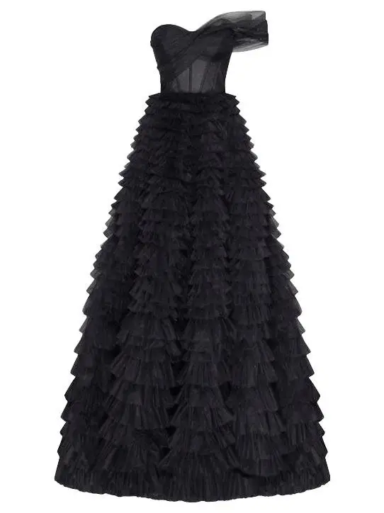 MILLA Timeless One-shoulder Frill-layered Ball Gown - Black