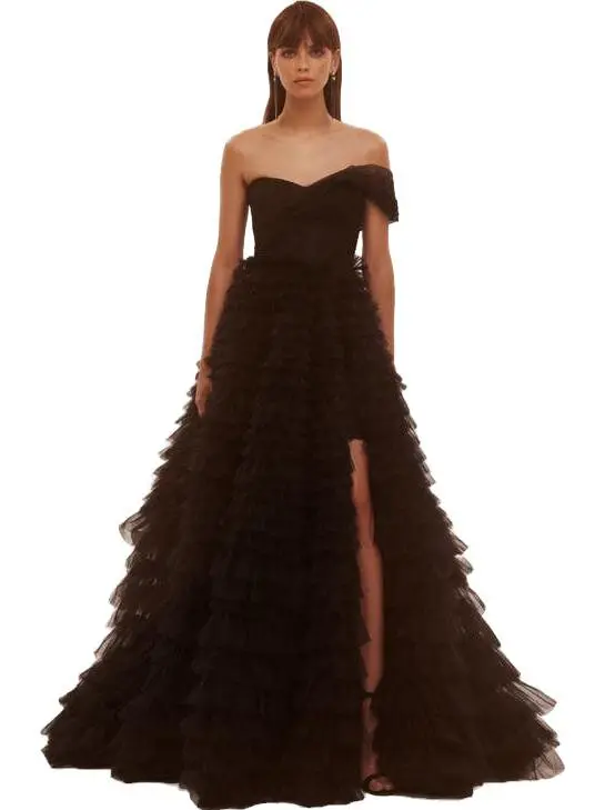 MILLA One-shoulder Layered Tulle Gown - Black