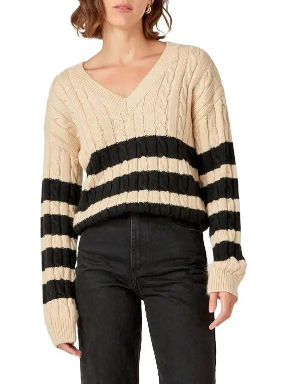 English Factory Stripe Cable Stitch Pullover Sweater - Beige/black