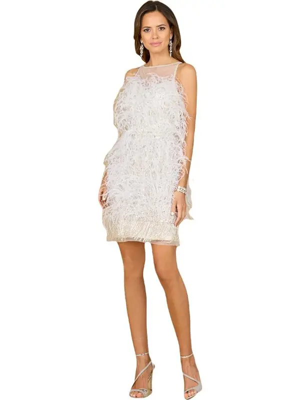 LARA NEW YORK Bridal Cocktail Mini Dress With Feathers - Ivory