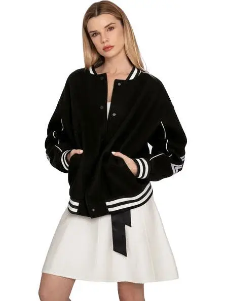BELLE & BLOOM Hold Me Close" Letterman Bomber Jacket - Black