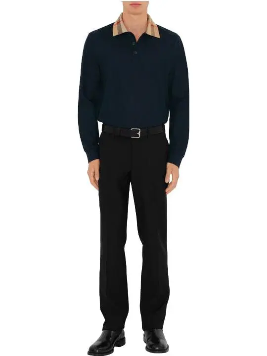 Burberry Long-sleeve Check Collar Cotton Polo Shirt - Smoked Navy