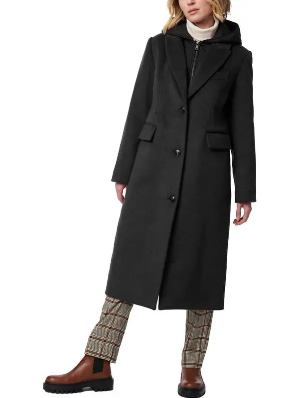 Bernardo Long Coat With Hooded Quilted Bib - Black