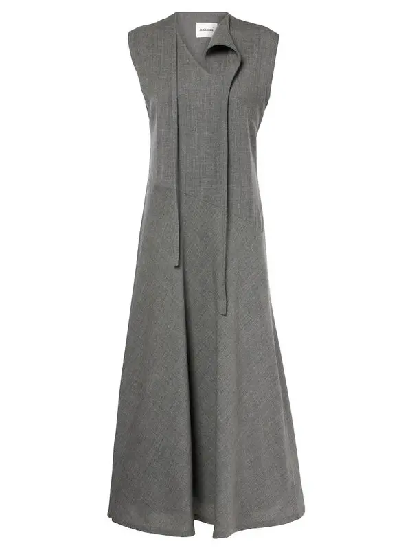 JIL SANDER Tie-neck Virgin Wool Midi Dress - Grey