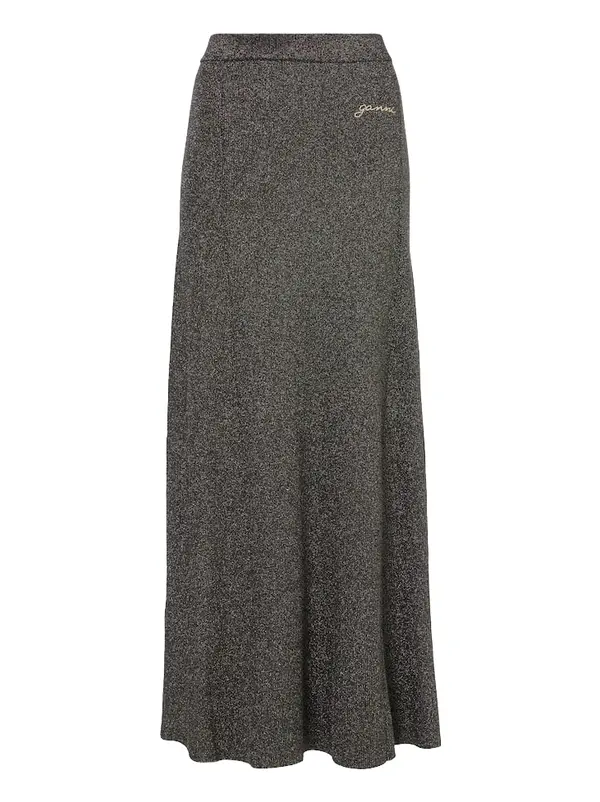 GANNI Ribbed-knit Lamé Maxi Skirt - Grey