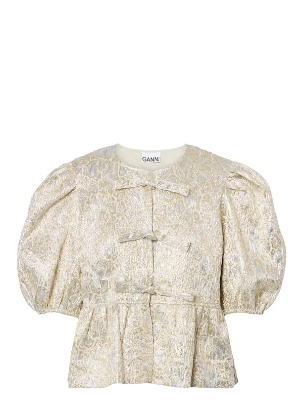 GANNI Brocade Puff-sleeve Top - Metallic