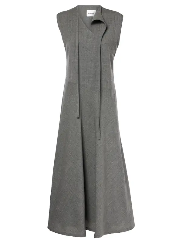 JIL SANDER Tie-neck Virgin Wool Canvas Midi Dress - Grey
