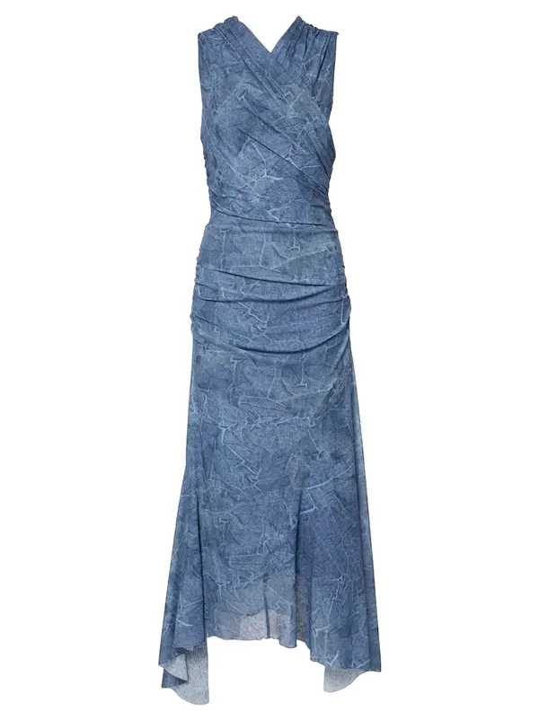 GANNI Printed Ruched Mesh Maxi Dress - Blue